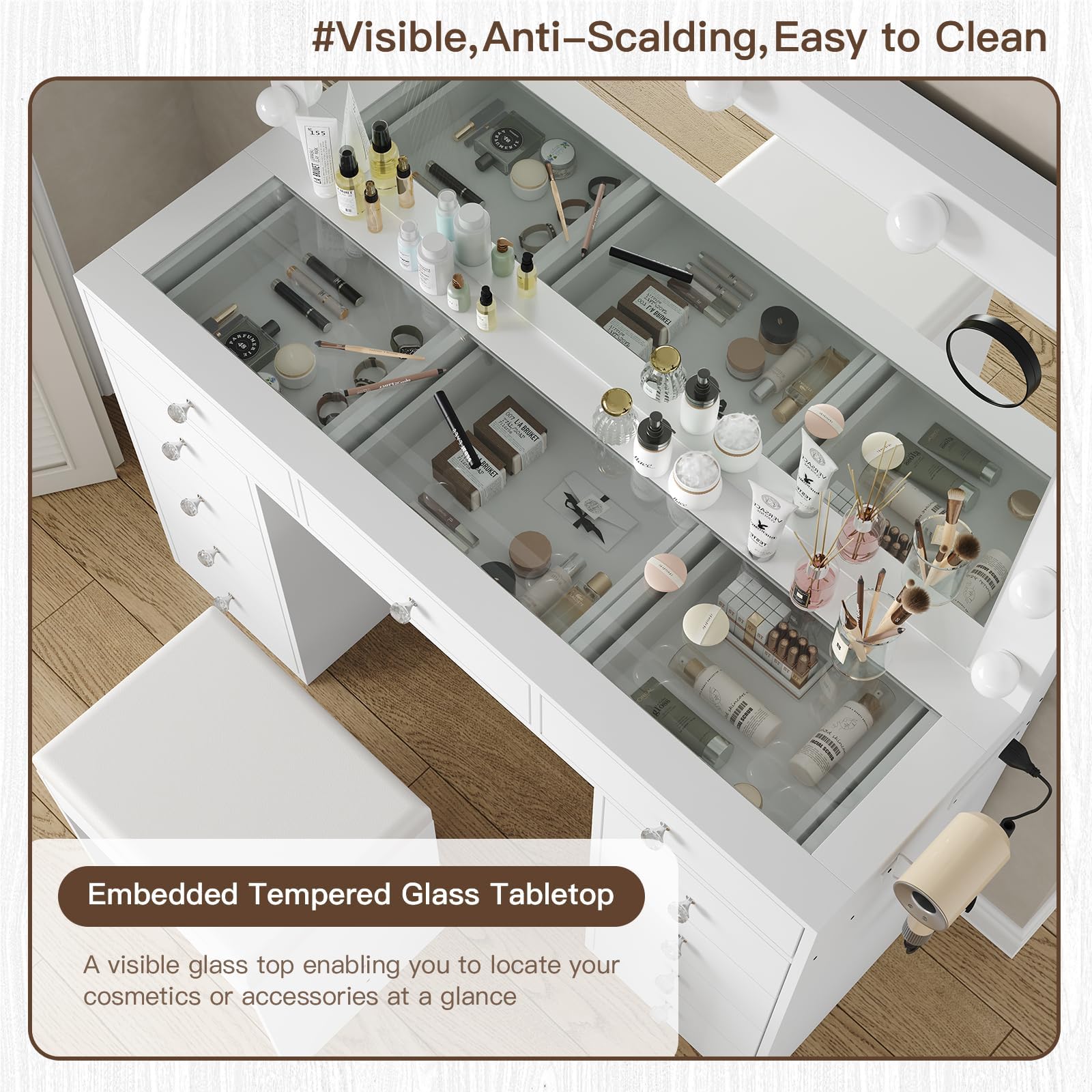 Yanosaku Vanity Desk & Power Outl, Makeup Vanity with Mirror and 12 LED Lights, Makeup Table with 11 Drawers, Vanity Table with Chair,Vanity Set 3 Lighting Modes Brightness Adjustable-(White)