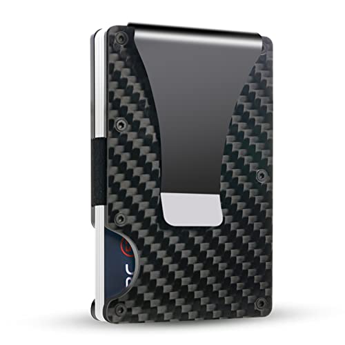 Comkey Minimalist Wallets for Men - Smart Carbon Fiber Wallet - RFID Blocking Front Pocket Credit Card Holder - Aluminum Metal Small Mens Wallets with Cash Strap
