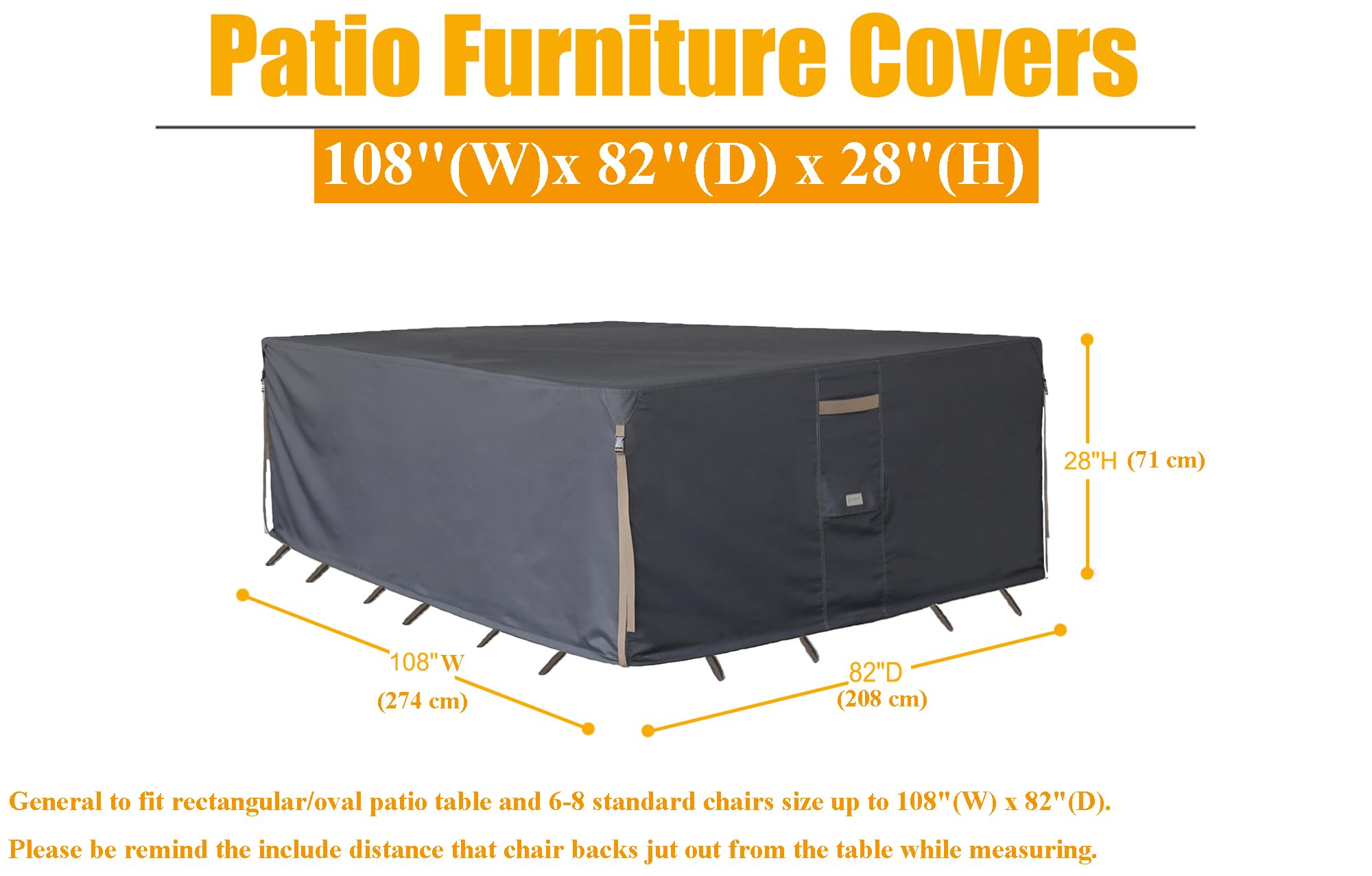 Garden Balsam Heavy Duty Waterproof Patio Furniture Covers,Fading Resistant Outdoor Table and Chair Covers Large Rectangular 108"Wx 82"D x 28"H Dark Grey