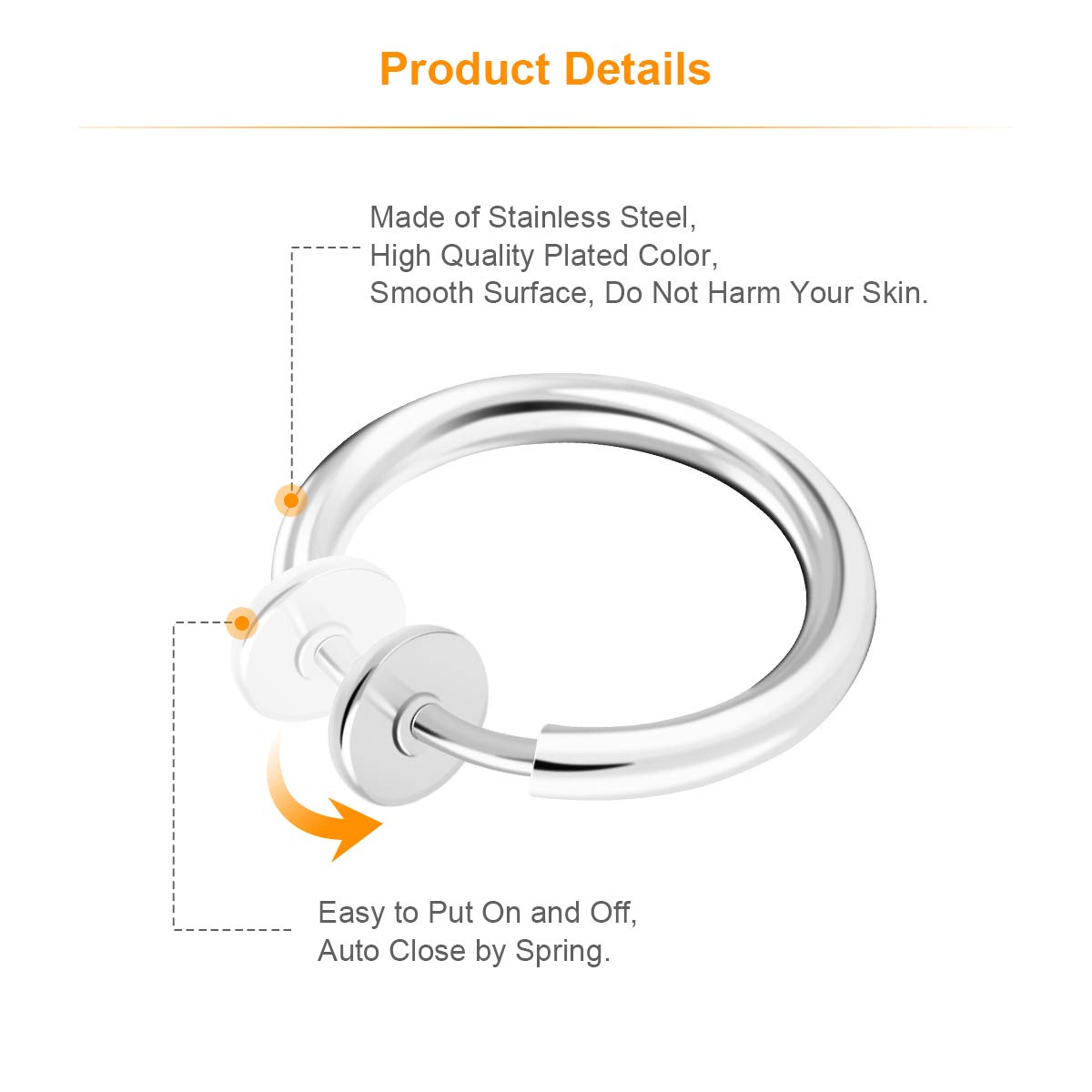 CrazyPiercing 8 pcs of Surgical Steel Clip on Non-pierced Hoops Fake Nose Lip Ear Rings Piercing (Silver color)