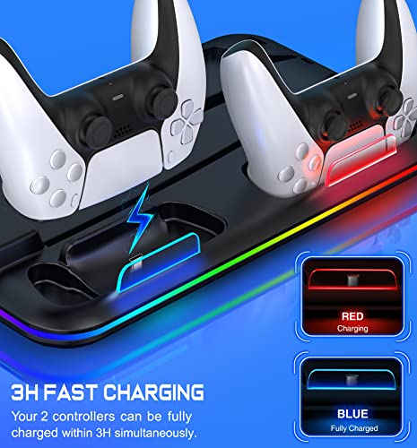 PS5 Stand with 4 Level Cooling Fan and RGB LED, Dual Fast PS5 Controller Charging Station for PS5 Digital/Disc, Accessories Incl. 6 Game Storage, Headset Holder, Dust Baffle