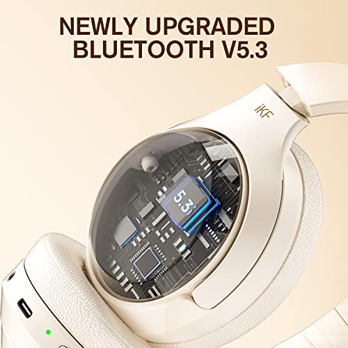 iKF-T1 Pro Wireless Wired Headphones Call Noise Cancelling Bluetooth Headset Bass Stereo Sound 100 Hours Using Time Built-in Microphone Pairing 2 Devices Compatible iOS/Android (Off-White)