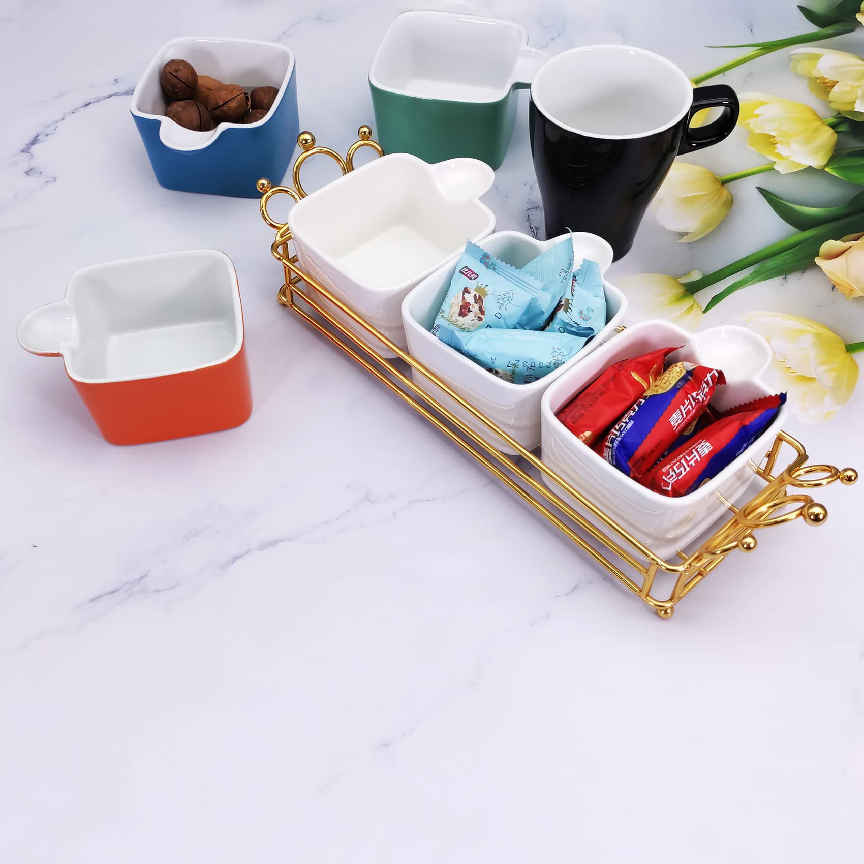 Creativity Home Ceramic With Handle Bowl Metal Tray, 6 Removable dip bowls are used for appetizers, potato chips, fruits, candies, and condiments,birthday parties Holiday, White 6- grid