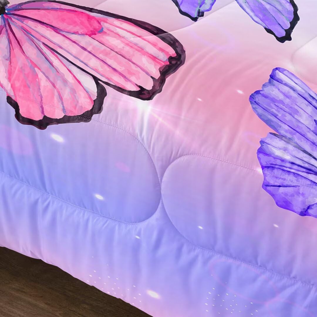 GRAT TIOC Girls Rainbow Butterfly Comforter Set Twin Size,Teen Girls Butterfly Bedding Set,Glitter Butterfly Bed Set Soft Lightweight Microfiber Bedroom Decorations with 2 Pillowcases