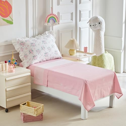 Cotton Toddler Bedding Set with Ruffle Fringe, 4 pc Floral Toddler Bed Set Includes Adorable Quilted Comforter, Fitted Sheet, Top Sheet, and Pillow Case (Purple and Yellow White Flowers)