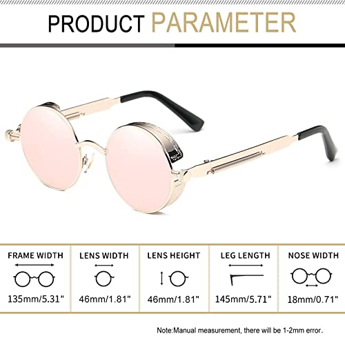 Joopin Mirrored Pink Sunglasses Round Hippie, Steampunk Circle Shades for Women, Halloween Costume Sun Glasses Polarized UV400 Protection Circular Shady Rays Sunnies