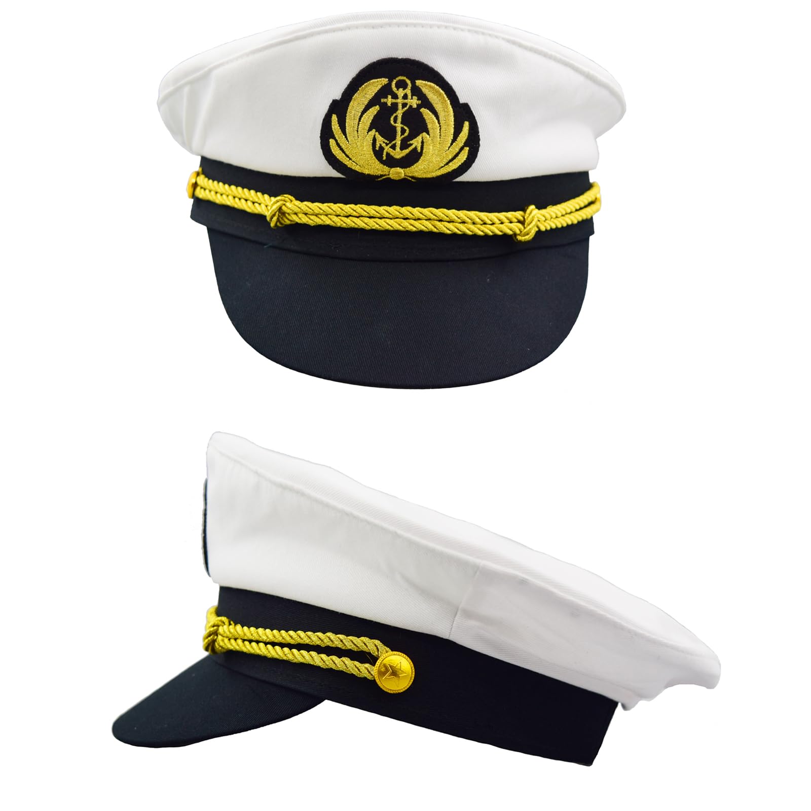 Chiclinco Admiral Captain Yacht Hat with Adjustable Snapback & Gold Embroidery Anchor Skippers Cap for Club Pub Party Costume Accessory (White 1)