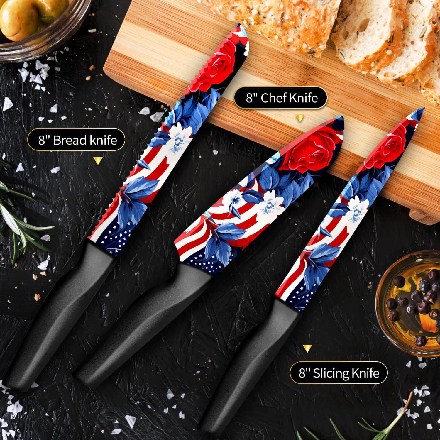 Knife Set, 6-Piece Kitchen Knife Set, German Stainless Steel, Dishwasher Safe, Beautiful Unique Gifts, Freedom, Equality and Justice Patterns