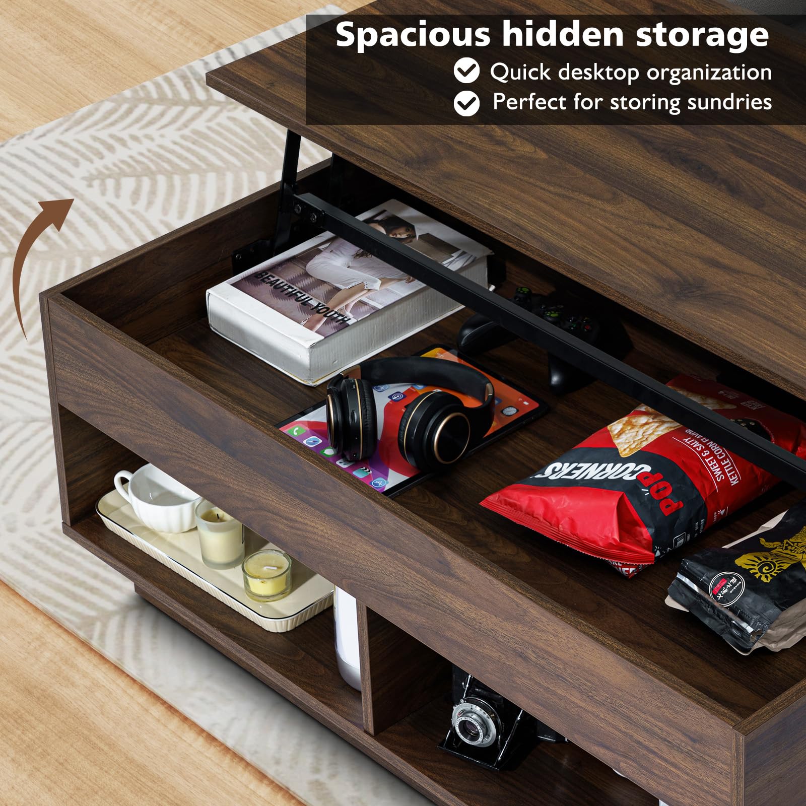 HOMMPA Lift Top Coffee Table with Hidden Storage LED Coffee Table Dark Walnut Living Room 3 Tiers Tea Table with Storage Center Tables Hidden Compartment & 2 Open Shelves
