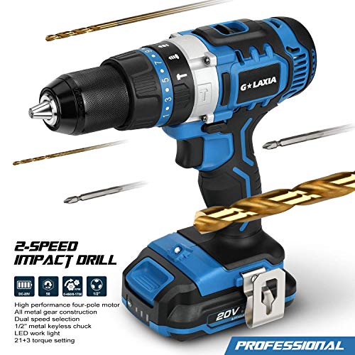 G LAXIA 20V Lithium Ion 2-Speed Cordless Drill Driver with Variable Speed, Max Torque(50N.m), 21+3 Clutch, 1/2 inch Keyless Chuck, Built-in LED, Metal Belt Clip, 2.0Ah Battery & 1 Fast Charger