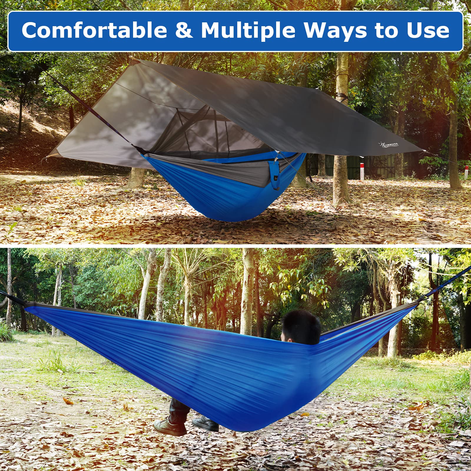 COMMOUDS Camping Hammock with Mosquito Net and Rain Fly, Double Portable Hammock, 2 Person Nylon Parachute Hammock Tent with Tarp & 2 Tree Traps for Backpacking Travel Beach Backyard Patio Hiking