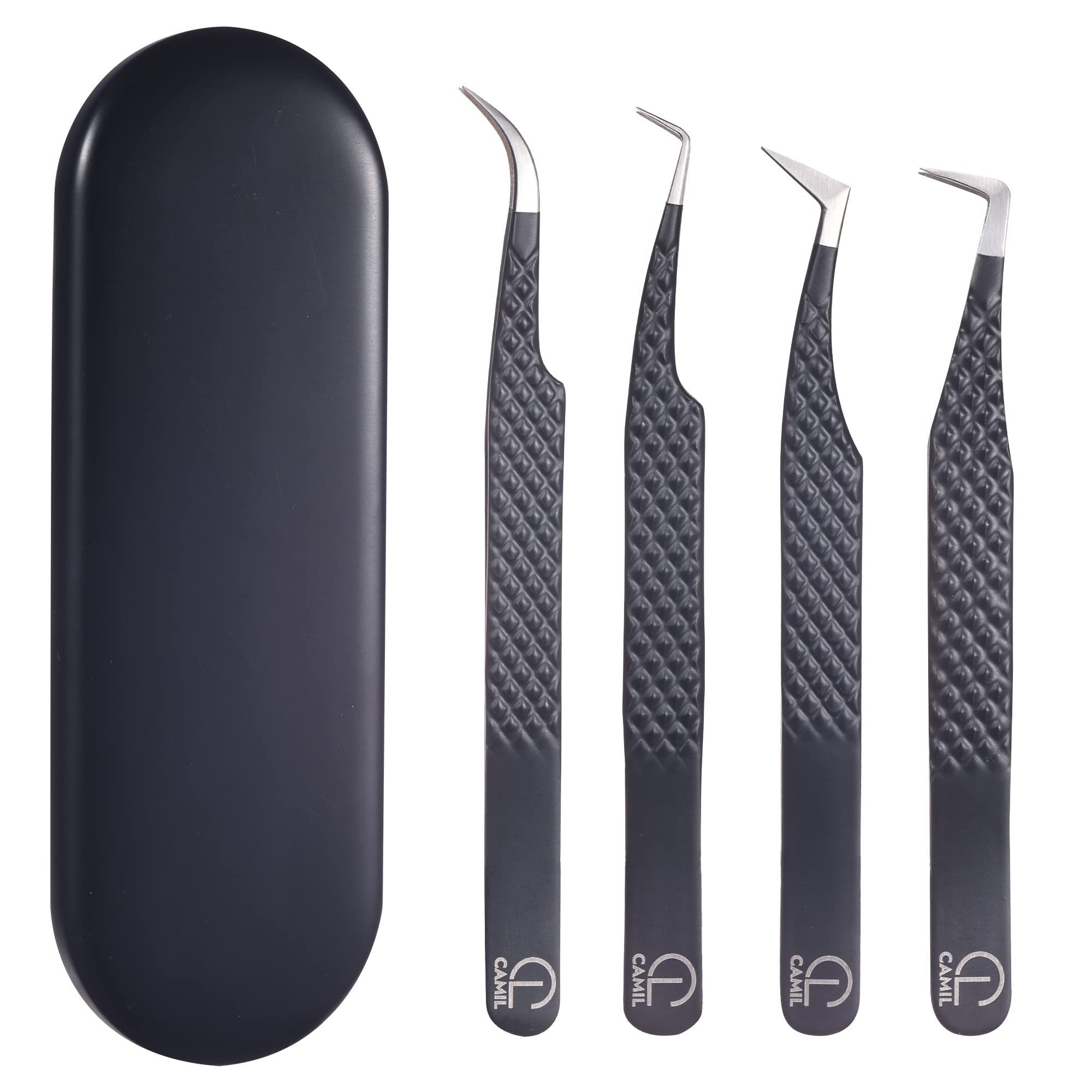 Fiber Tip Lash Tweezers For Eyelash Extension 4 Pcs Tweezers Professional Artist Tech Work Kit Tools,Best Volume Eyelash Lashes Extensions Precision Supplies Volume Boot 90 45 Degree(Black)
