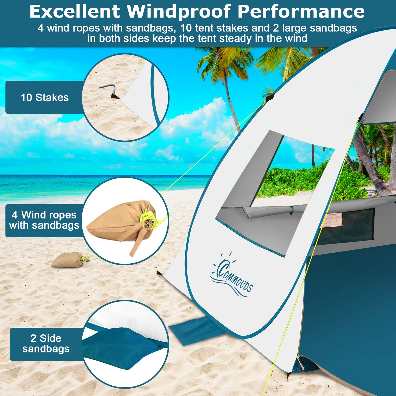 COMMOUDS Large Pop Up Beach Tent for 3-4 Person, UPF 50+ Beach Sun Shade, Automatic Beach Sun Shelter Umbrella with Carry Bag, Lightweight and Easy Set Up