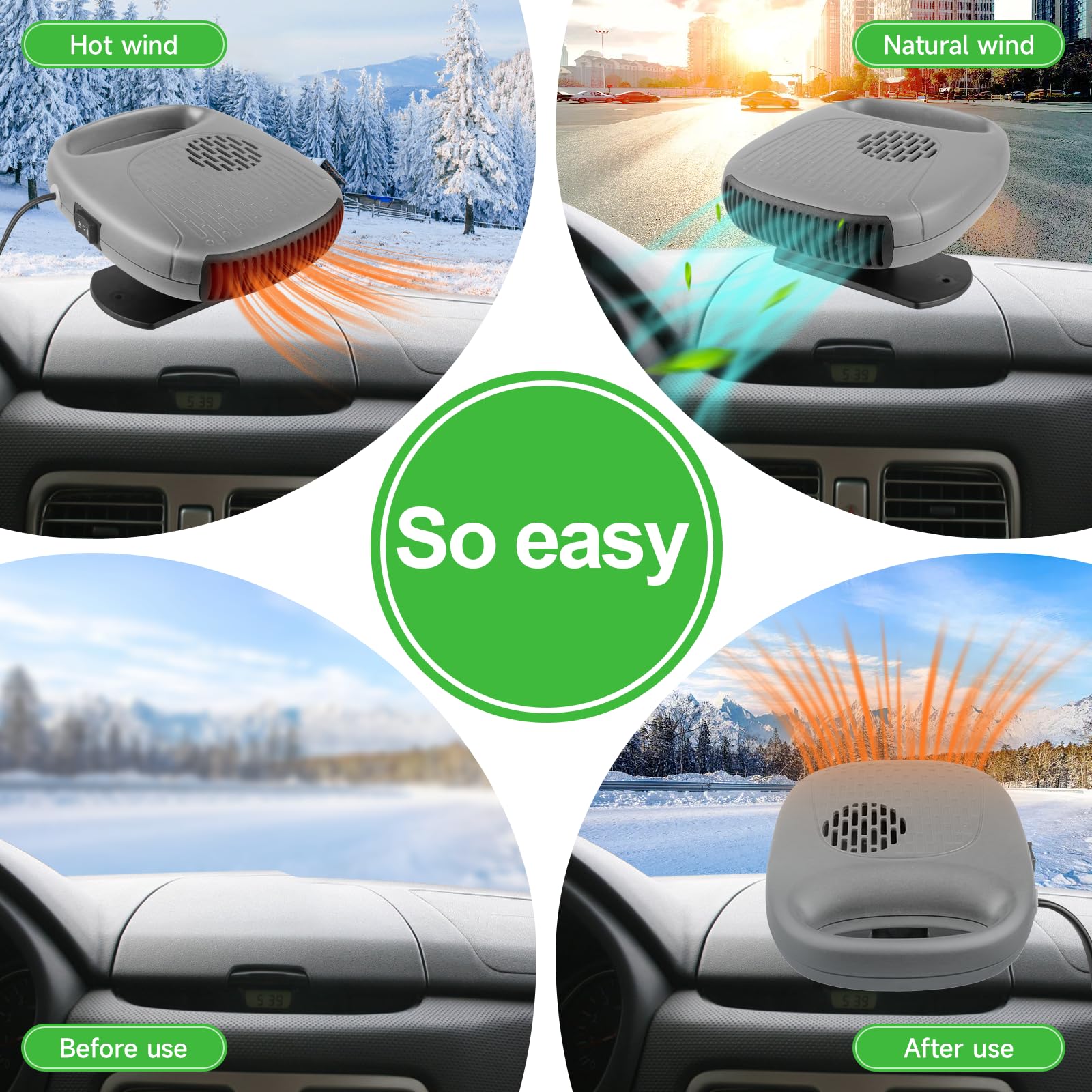 Car Heater 2 in 1 - Powerful 12V 120W Automobile Windscreen Fan and Ceramic Heater for Fast Defrosting and Heating - Ergonomic Handle Design and 360 Degree Rotary Base