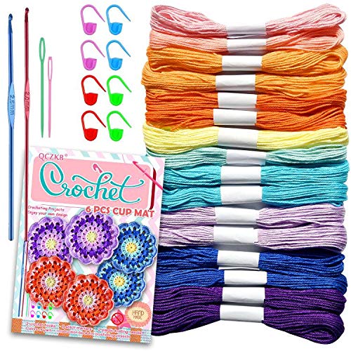 Crochet Kits |16 Cotton Size 3 Crochet Yarn Skeins Includes 2 Crochet Hooks, 2 Weaving Needles, Instruction Book，8knitting Stitch Markers|Perfect 6 Coaster Beginner Kit