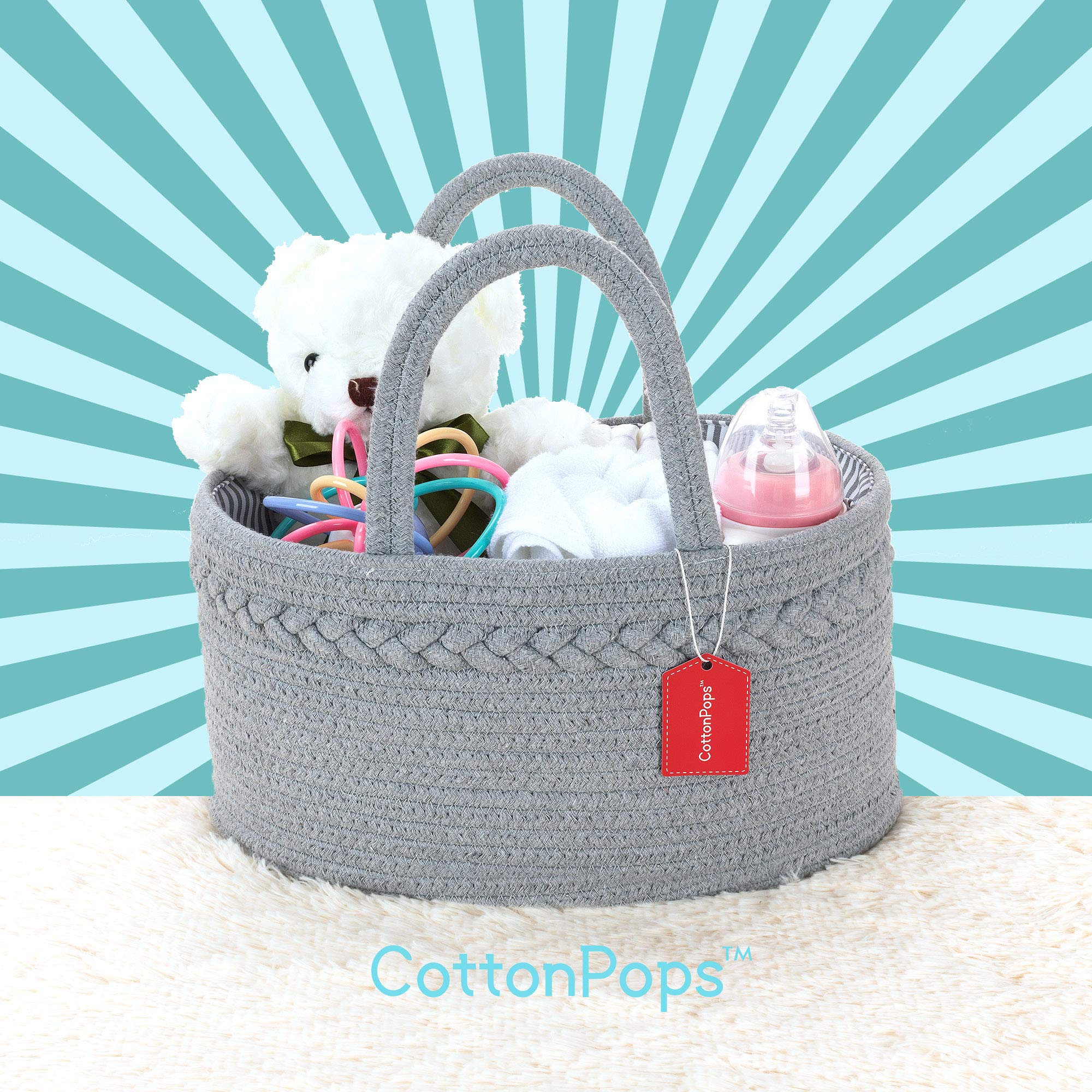 CottonPops 14.2" x 9" x 7" Baby Diaper Caddy Organizer Basket Nursery Storage Car Organizer Baby Shower Basket (Grey)