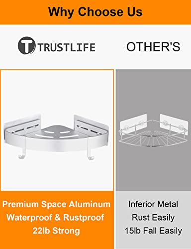 TRUSTLIFE Corner Shower Caddy 2-Pack - Adhesive Corner Shelf with Hooks for Inside Shower, No Drilling & Rustproof Shower Storage Rack for Bathroom, Wall Mount Bathtub Caddy Shelf Organizer - Silver