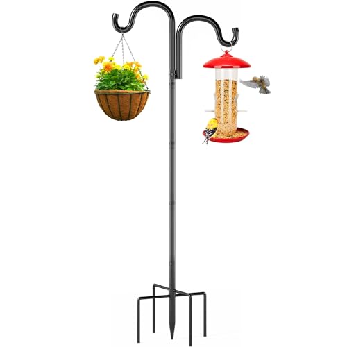 Double Shepherds Hooks for Outdoor,76" Heavy Duty Bird Feeder Pole with 5 Prong Base, Adjustable Shepherds Hook for Bird feeders Outside, Garden, Weddings, Hanging Plants