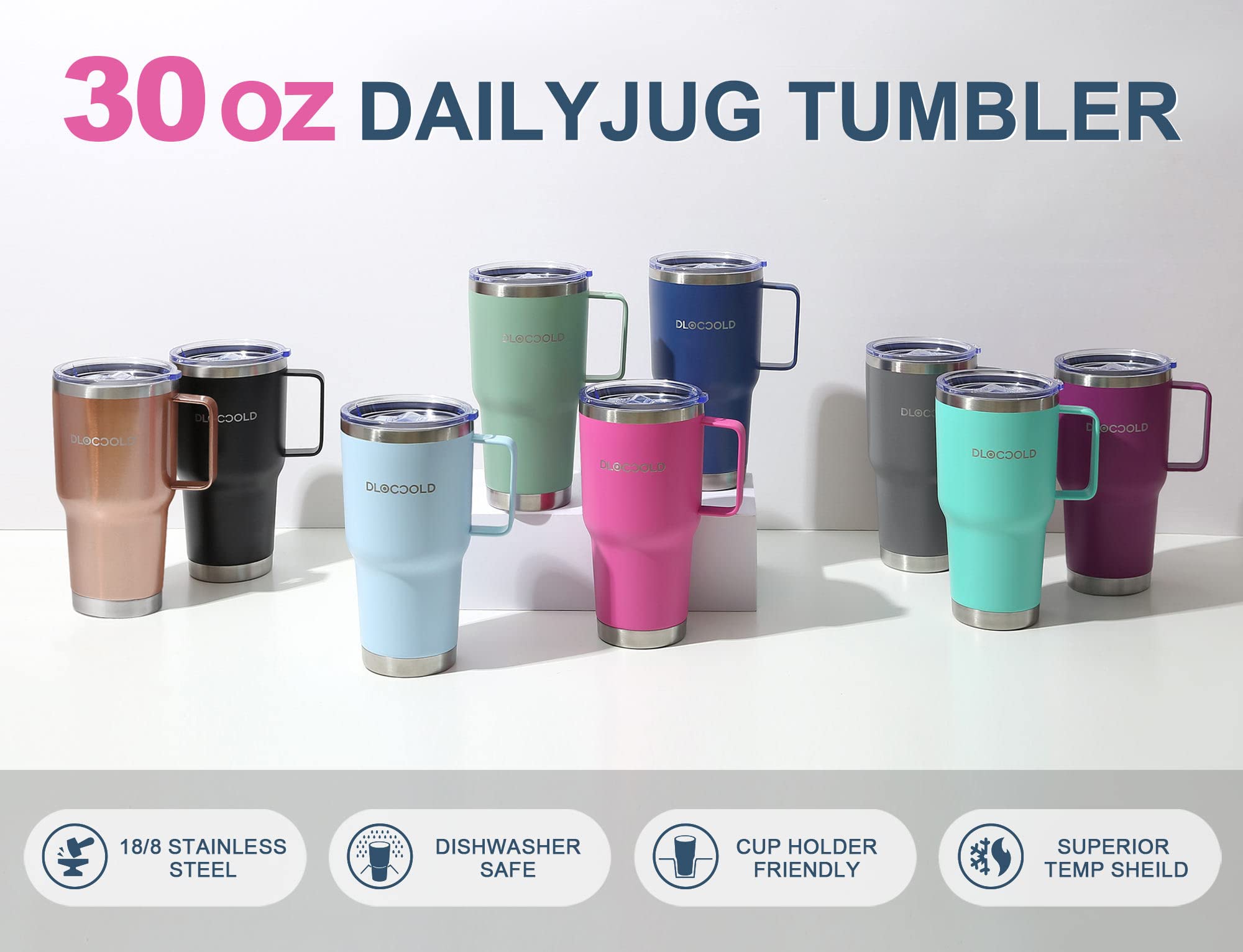 DLOCCOLD 30 oz Tumbler with Handle, Stainless Steel Insulated Travel Coffee Mug with Lid and Straw, Thermal Coffee Cup for Hot&Cold Drinks,Spill Proof,Cup Holder Friendly,Dishwasher Safe,BPA Free