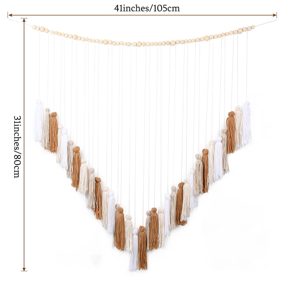 Coucou Large Macrame Tassel Wall Hanging Boho Wall Decor, Yarn Tassels Garland with Wood Beads for Nursery Decor 41" x 31''