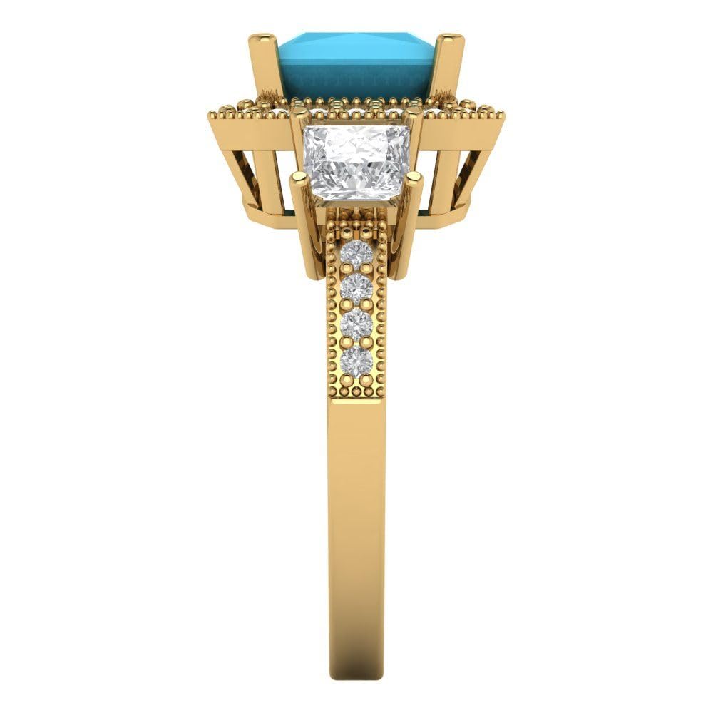Clara Pucci 2.93 ct Cushion Cut Halo 3 stone Genuine Simulated Turquoise Engagement Promise Anniversary Bridal Ring 18K Yellow Gold 5.25
