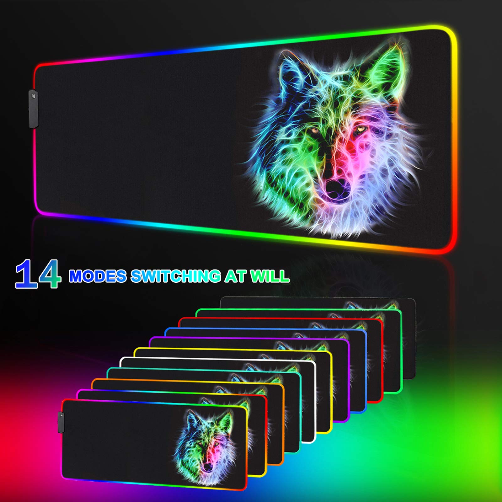 RGB Gaming Mouse Pad - 14 Light Modes Extended Computer Keyboard Mat, Anime LED Mouse Pad Large,High-Performance Mouse Pad Optimized for Gamer 31.5 X 12in (Wolf Mouse pad)