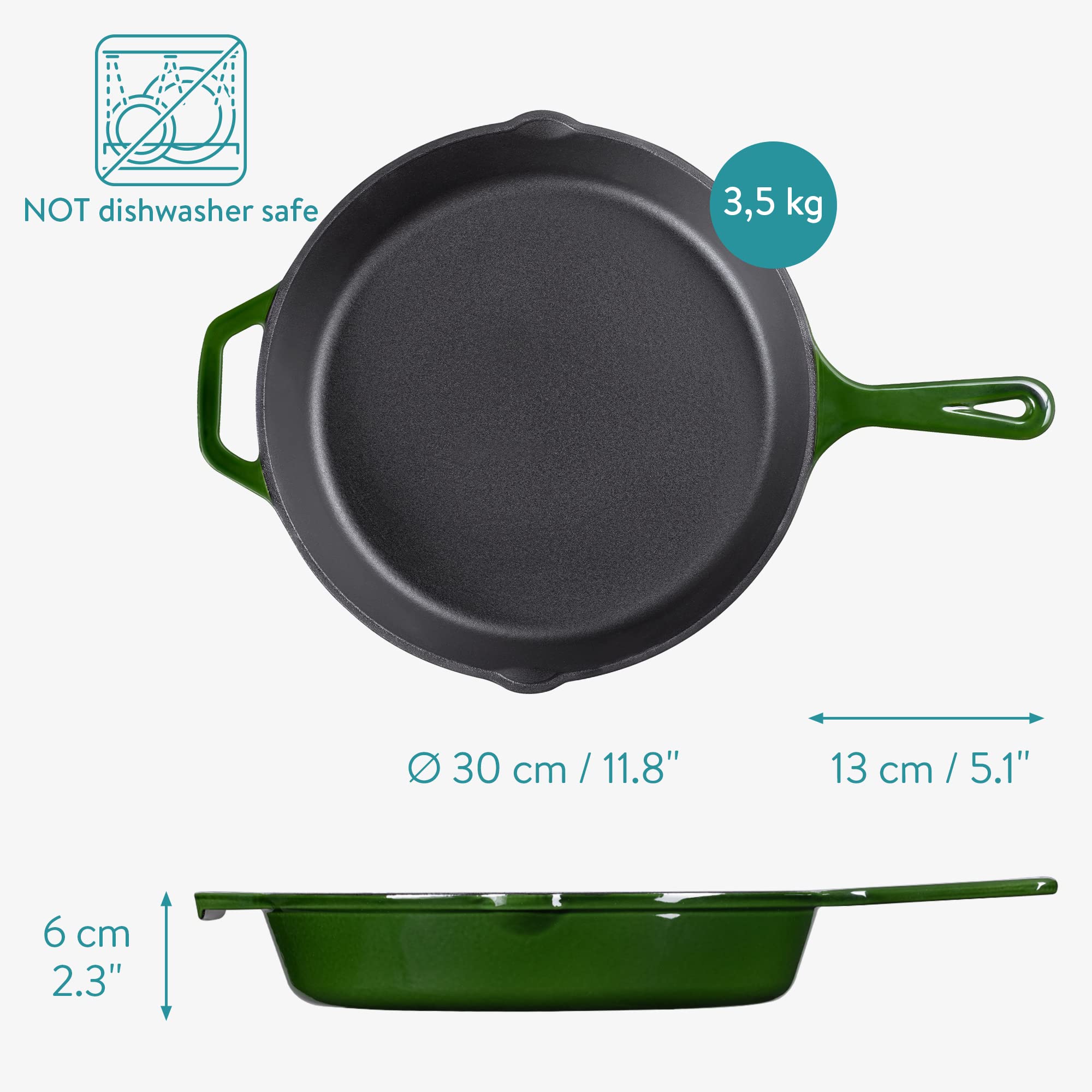 Navaris Enameled Cast Iron Skillet - 12" Frying Pan with Enamel Coated Finish - 12 inch Kitchen Cookware Fry Griddle for Stove Top and Oven - Green