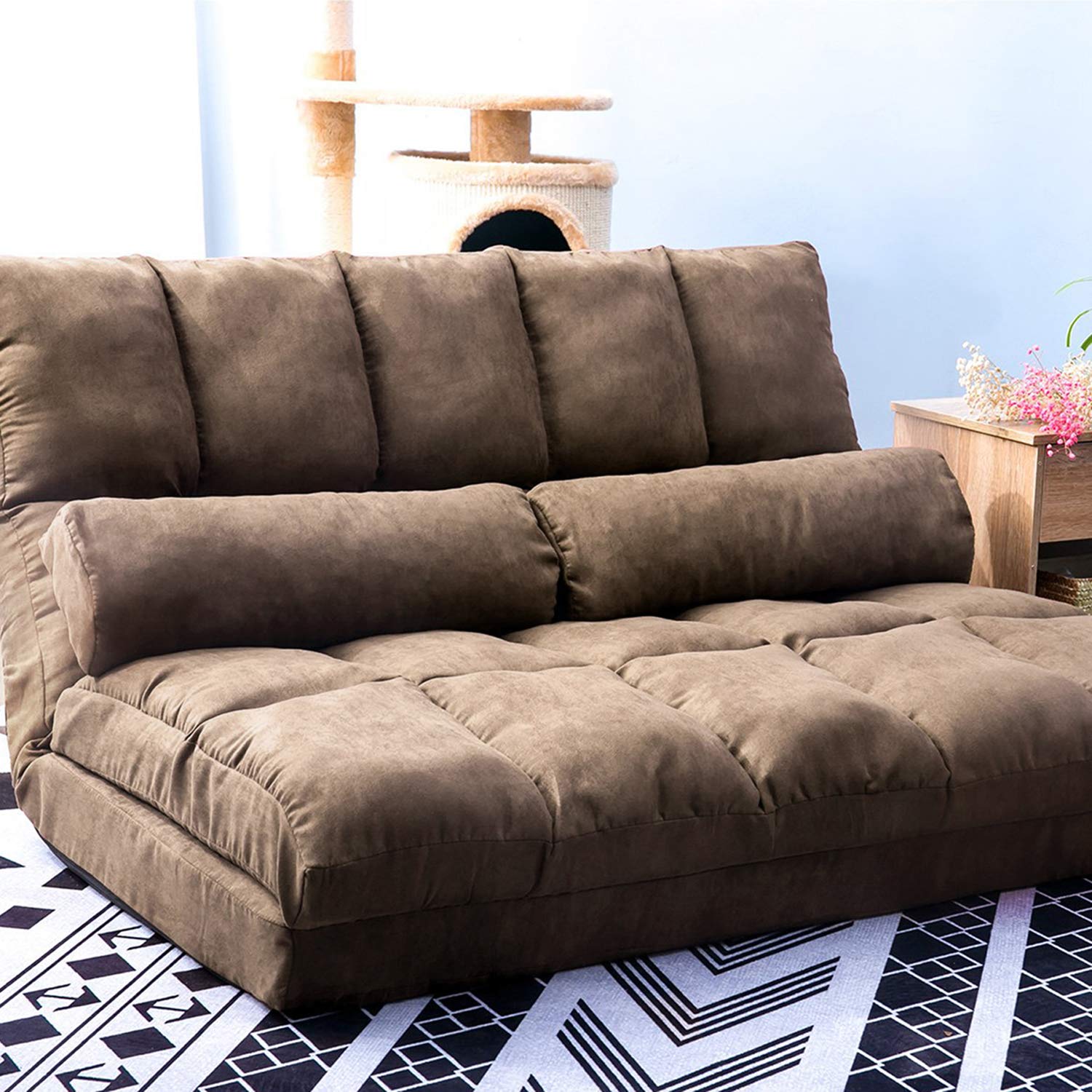 EMKK Chair with Back Support-Double Seating for Adults & Kids,w Adjustable Couch Fully Backrest 2 Pillows Gaming Living Room, Folding Chaise Lounge Floor Sofa, Brown Aparment a
