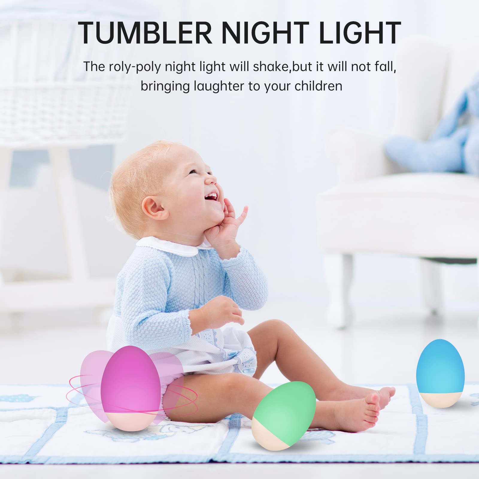 Ohey Night Lights for Kids Room, 7 Color Changing Tumbler Egg Baby Night Light with Top-Touch Control, Rechargeable & Dimmable ABS+Silicone Nursery Night Lights, Up to 100H