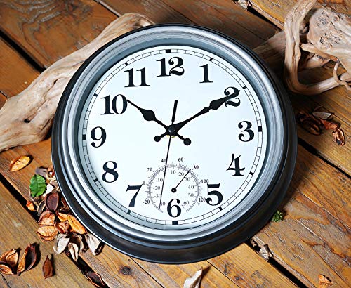 SMILEMARY 12-Inch Indoor/Outdoor Retro Silent Non-Ticking Waterproof Wall Clock with Thermometer,Battery Operated Quality Quartz Round Clock Wall Decorative for Patio/Home