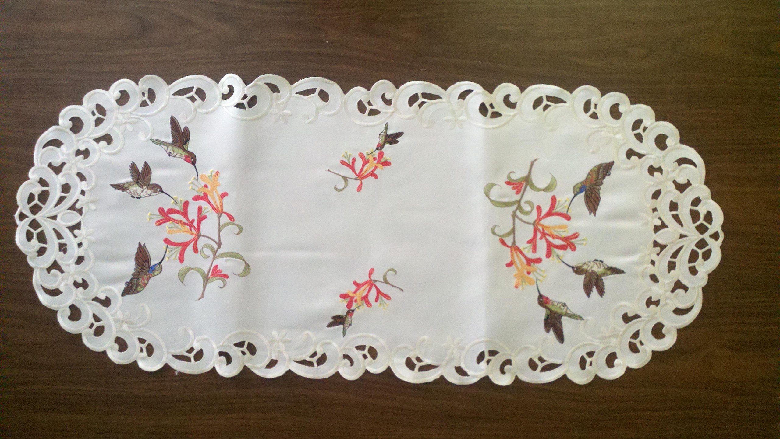 Doily Boutique Table Runner Embroidered with Hummingbirds on Ivory Material, Size 54 x15 inches