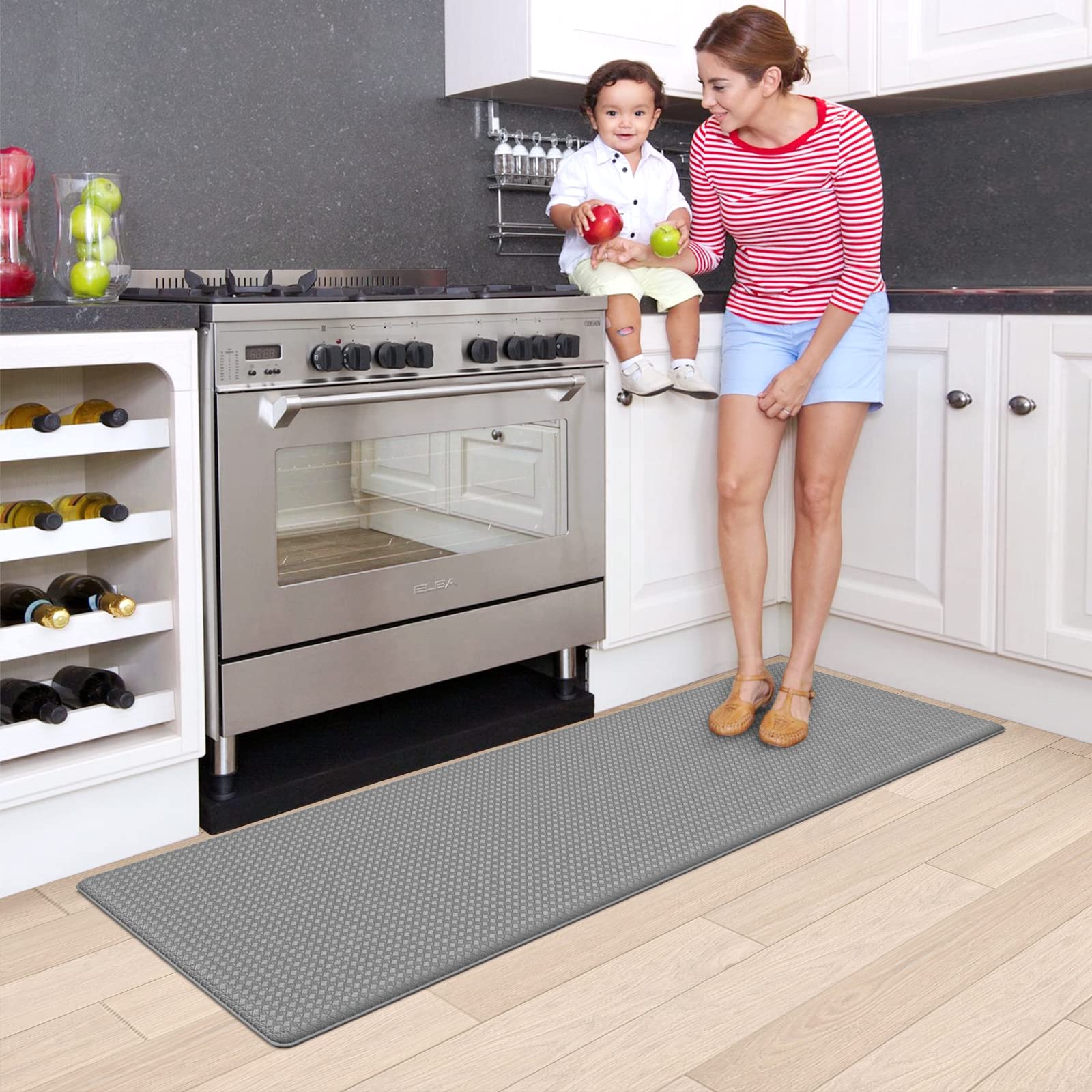 DEXI Kitchen Rugs Anti Fatigue Cushioned Comfort Standing Mats 2 Pieces Set Waterproof Runner Mats Easy to Clean 17"x59"+17"x79" Grey