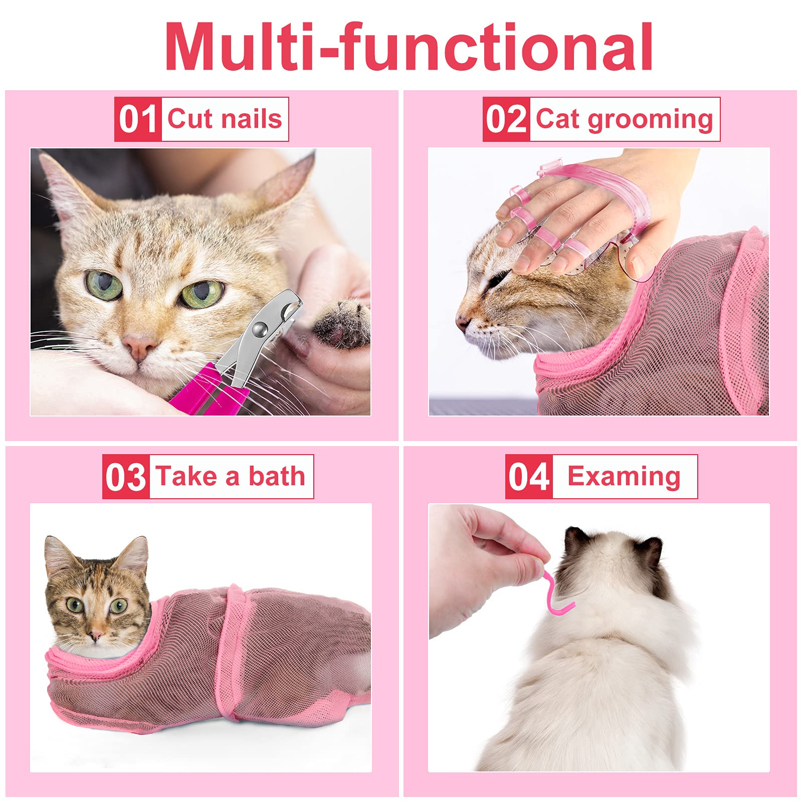 Patelai 5 Pcs Cat Bathing Bag Set Cat Grooming Bag Adjustable Pet Shower Net Bag Muzzles Nail Clipper Tick Remover Tool Massage Brush (Pink)