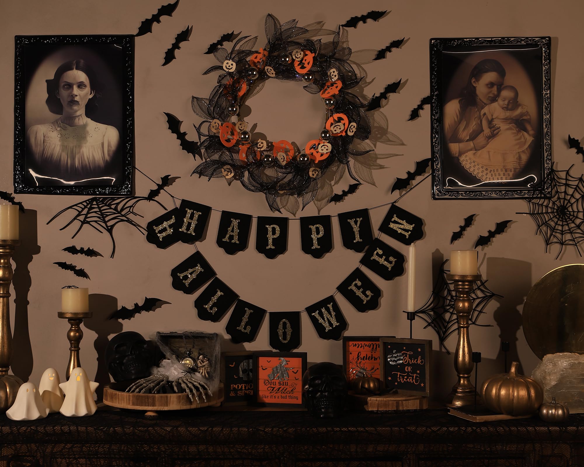 DN DECONATION Halloween Decorations Indoor Set, 24PCS Happy Halloween Banner Bundle, Halloween Garland Fireplace Mantel Decoration for Wall, Scary 3D Bat Spider Web for Spooky Party Home Office Decor
