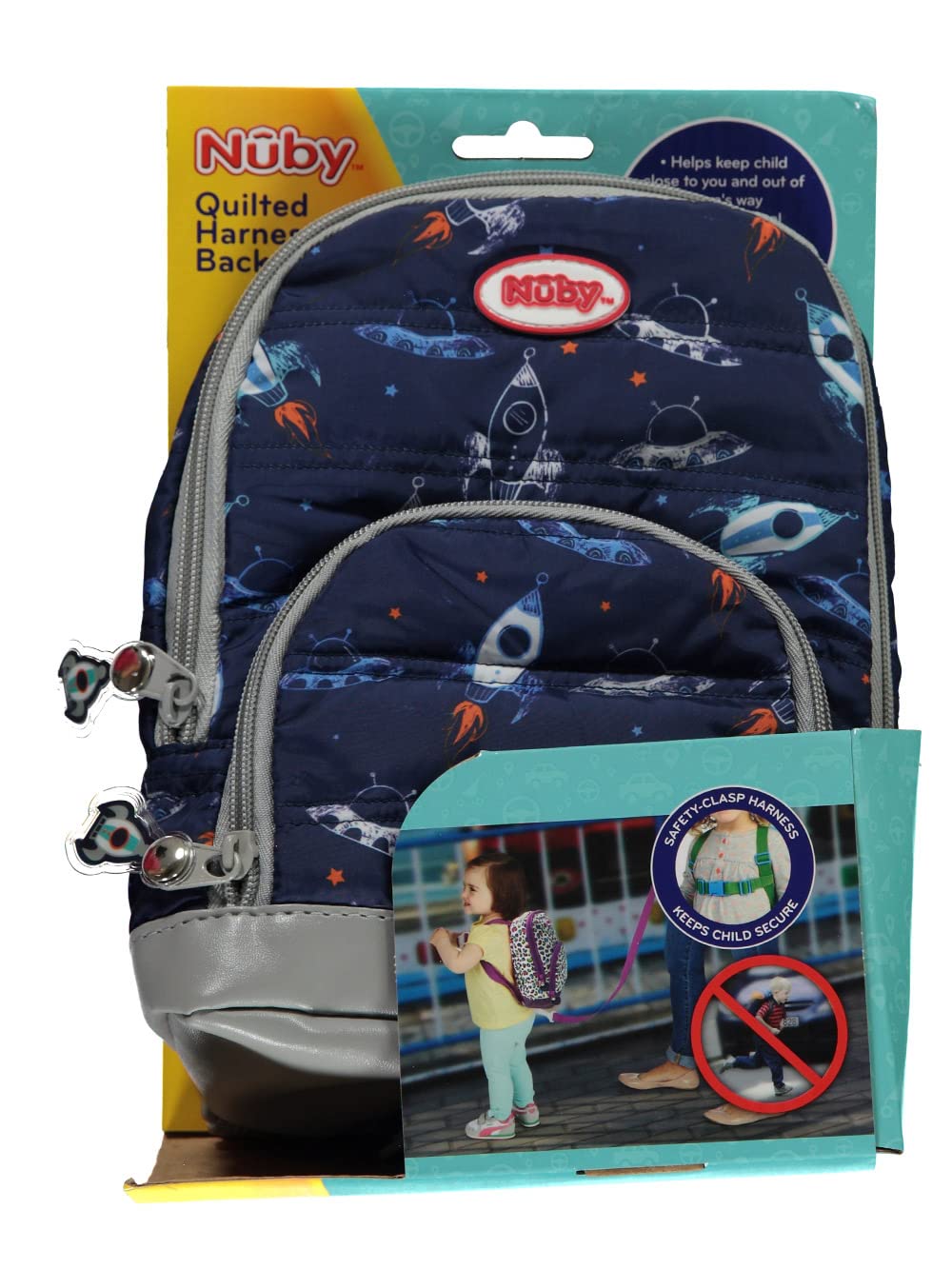 Nuby Quilted Mini Backpack with Safety Harness and Detachable Tether, Blue Space