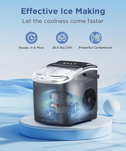 FLAZY Ice Maker Countertop, Portable Ice Machine with Self-Cleaning, 26.5lbs/24Hrs, 9 Bullet Ice Cubes in 6 Mins, Ice Basket and Scoop, Ideal for Home, Kitchen, Bar, Camping