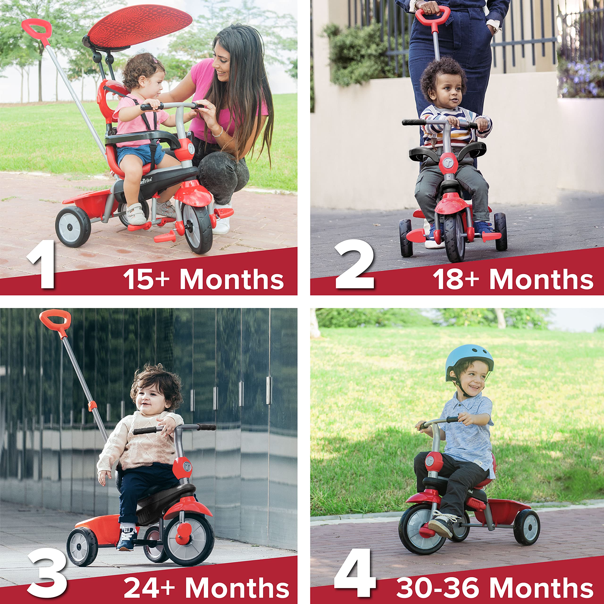 smarTrike Kids Adjustable Tricycle Push Bike Trike Ride On Toy with Parent Control Button for Toddler Ages 15 Months to 3 Years, Red