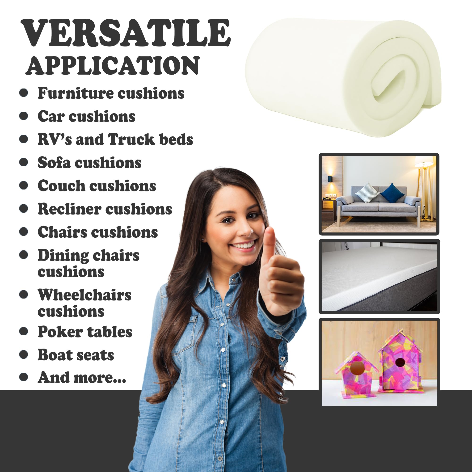 Greaton, 5” High Density Foam Only, Versatile Application Like Mattress, Cushions, RV, Sofa, Chair, Campaign, Full, White
