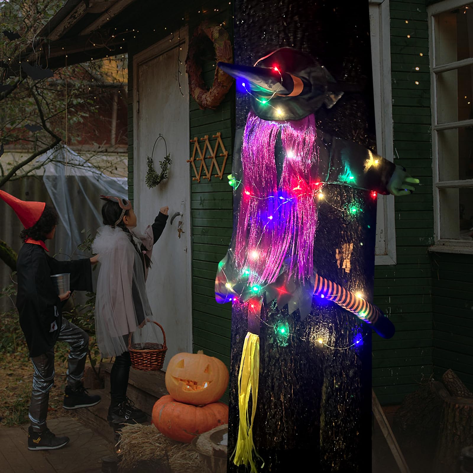 Crashing Witch into Tree for Halloween Decoration,Hanging Halloween Witch Props with Light String for Outdoor Tree Porch Garden Patio Halloween Decor Party Supplies (LED Crashing Witch)