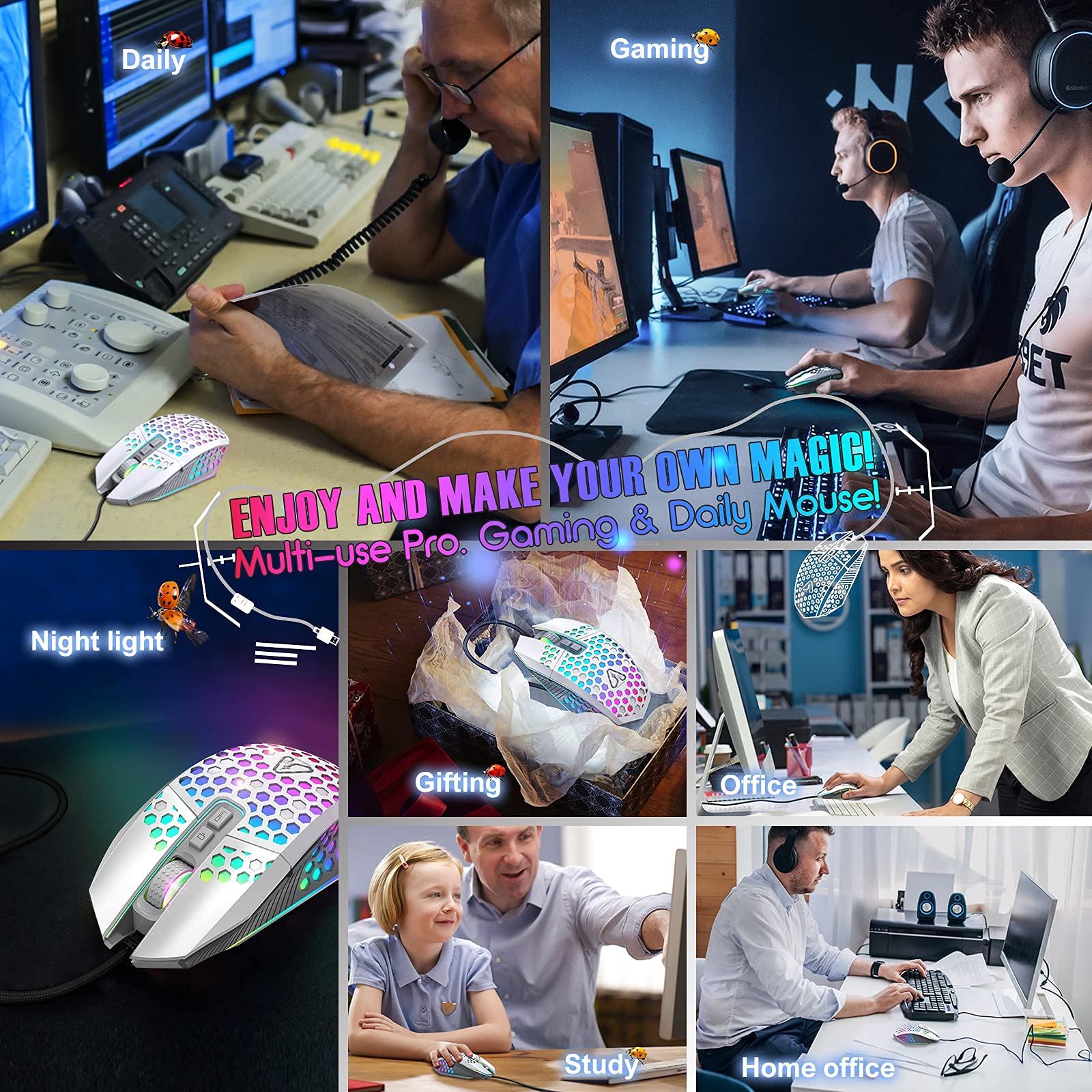 RICESTKCN Gaming Mouse PC Gaming Mice - Honeycomb Mouse Gamer RGB Gamingmouse Wired Ergonomic 6 Levels up to 8000 DPI 7 Programmable Buttons 7 Backlight Modes for PC Laptop Mac Windows Vista (White)