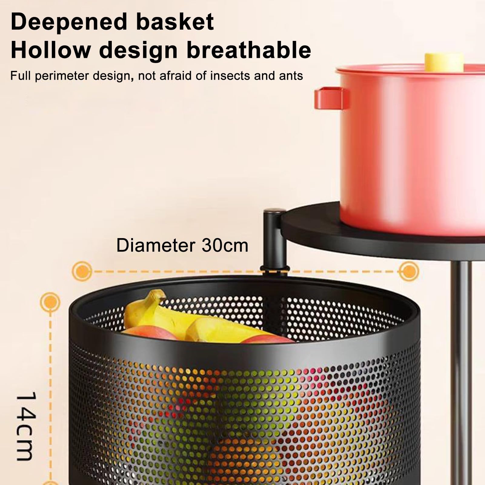 Grebest Kitchen Fruit Vegetable Storage Cart, 5 Tier Circular Rotating Basket with 360 Degree Wheels, Metal Wire Shelf with Top Lid for Living Room/Kitchen/Office Black Five Layers