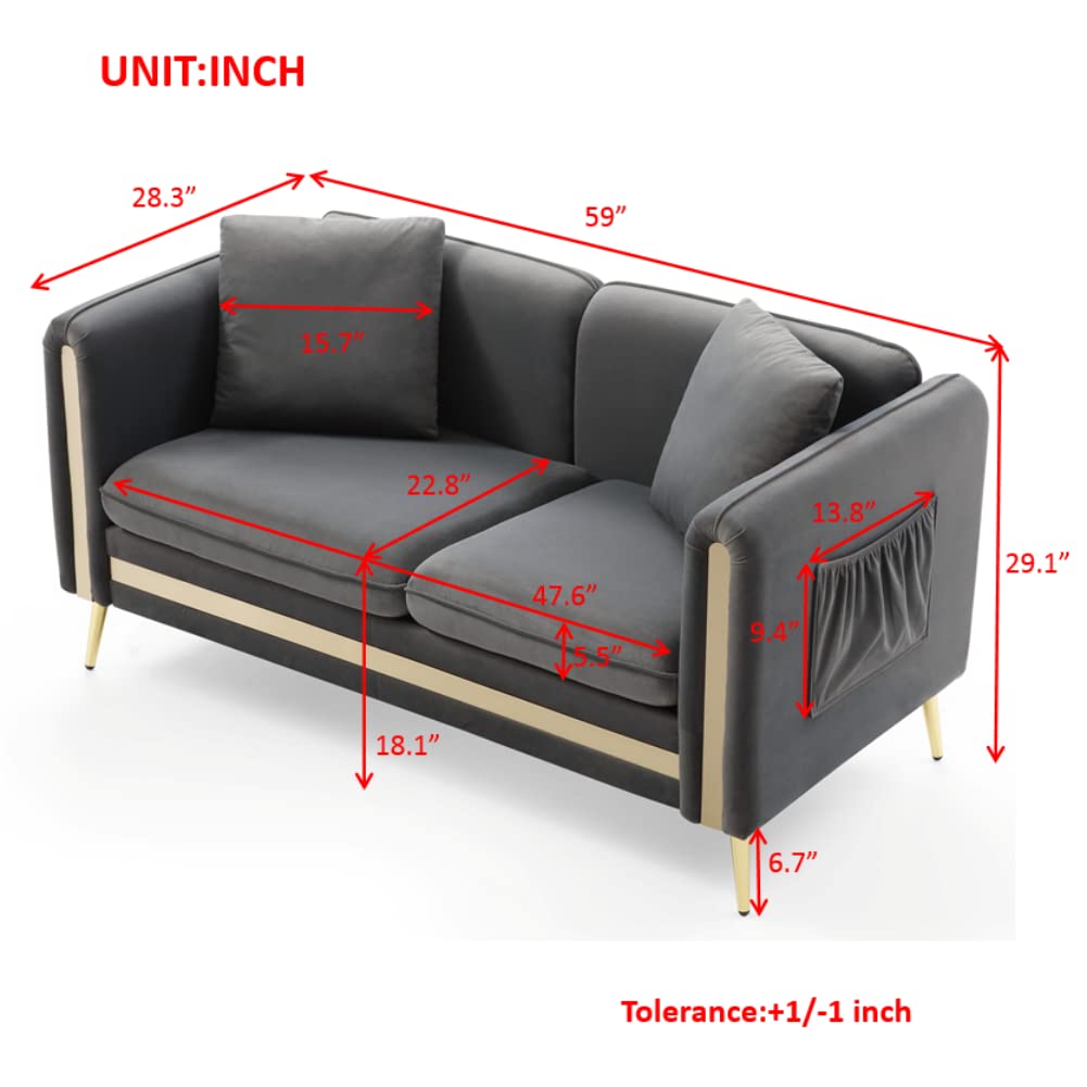 HABITRIO 59" Solid Wood Frame Grey Velvet Upholstered Chesterfield Design Loveseat Sofa Couch with 2 Pillows, Gold Metal Leg, Removable Cushion, Left Side Pocket, Fit for Living Room, Bedroom