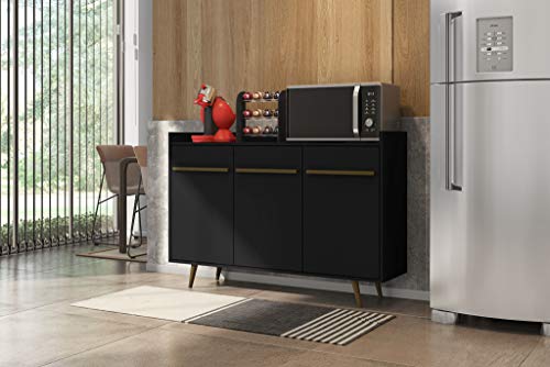 Manhattan Comfort Bradley Mid Century Modern Dining Room 4 Shelves Buffet Stand Cabinet, 53.54", Black