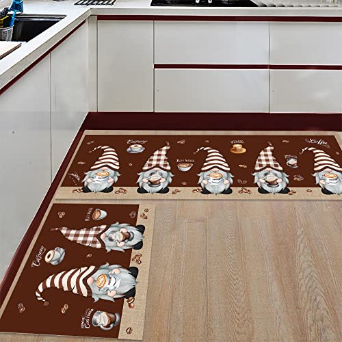 Coffee Gnomes Kitchen Mat Set 2 Piece Kitchen Rugs, Farmhouse Brown Coffee Beans Soft Non-Slip Rubber Backing Floor Mats Doormat Bathroom Runner Area Rug Carpet, 19.7x31.5in + 19.7x47.2in