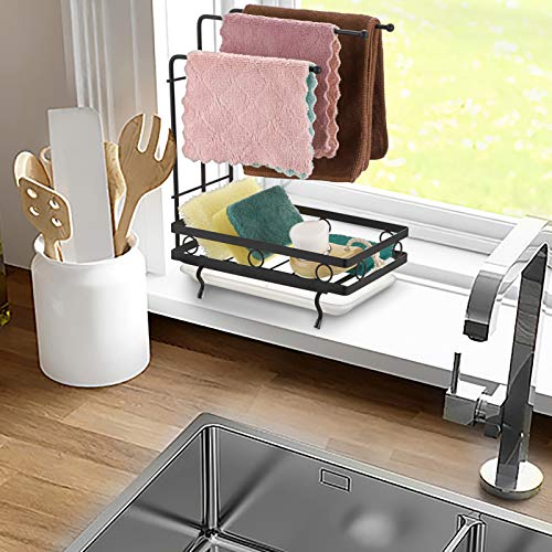 JUXYES Kitchen Sink Caddy Sponge Holder with Dishcloth Drying Rack, Kitchen Rag Stand Sponge Brush Soap Dish Dishcloth Rack Sink Storage Organizer for Kitchen Countertop (Black)