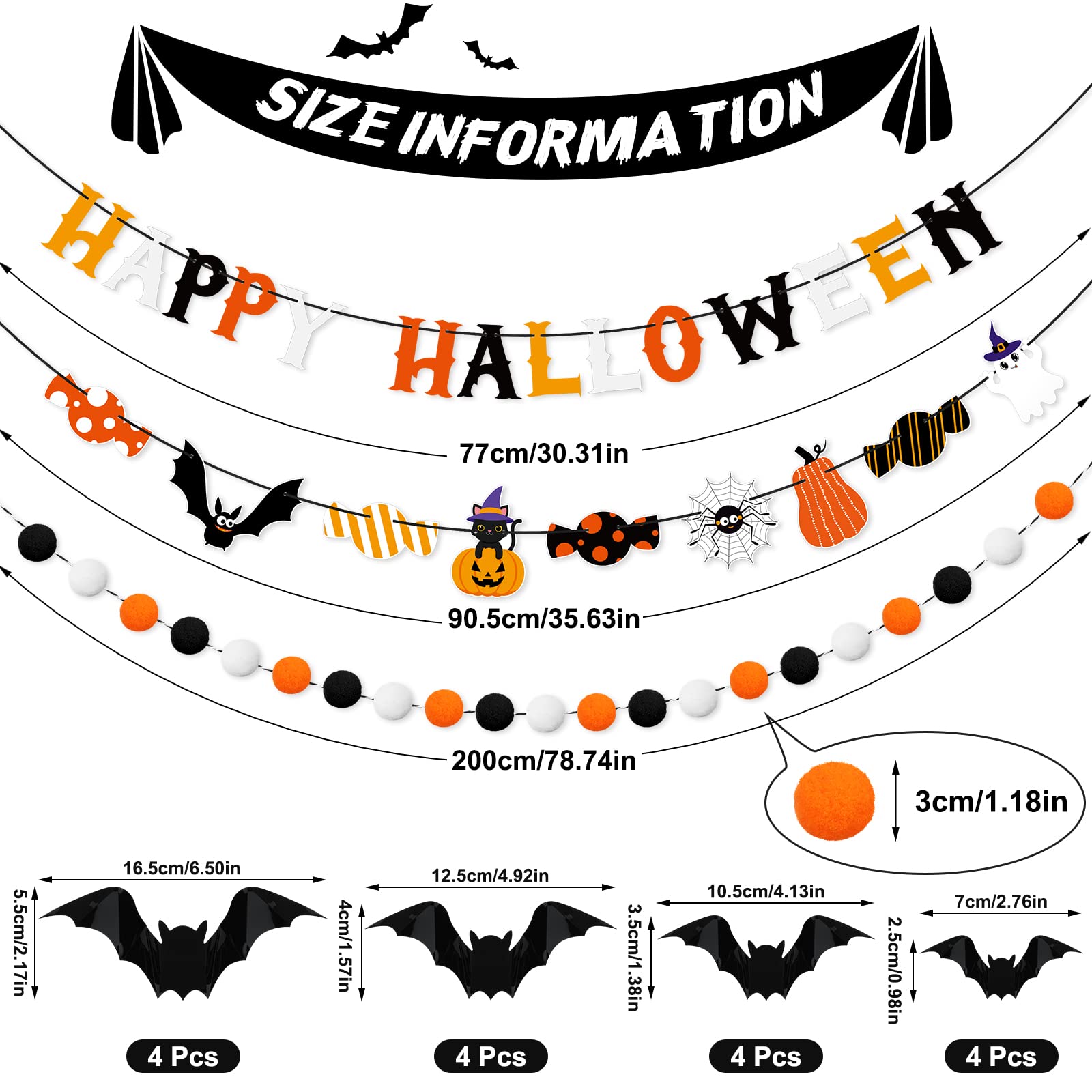 Happy Halloween Banner Pom Pom Garland Set and Halloween Bat Candy Banner with Black Bat Wall Sticker for Halloween Party Decorations Home Decor