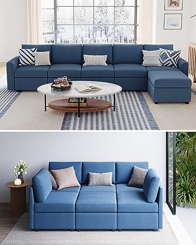 LINSY HOME Modular Sectional Sleeper Sofa, Convertible Sofa Bed with Memory Foam, Storage, Modular Sectionals Couch with Chaise for Family Movie Night, Living Room Furniture Sets, Blue