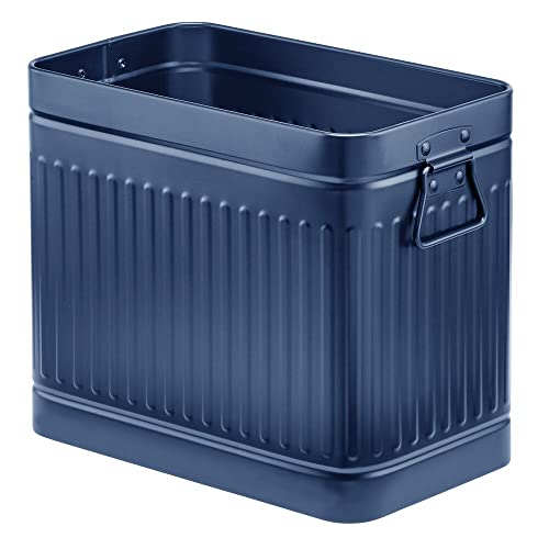 mDesign Decorative Retro Vintage Farmhouse Rectangle Metal Small Trash Can Wastebasket, Garbage Container Bin with Handles for Bathrooms, Powder Rooms, Kitchens - Oscar Collection, Navy Blue
