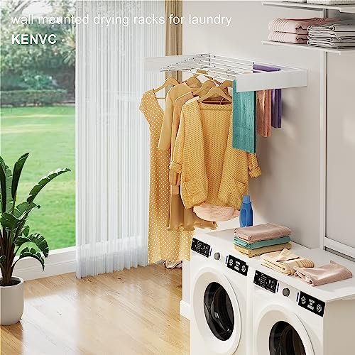 Laundry Drying Rack Collapsible, Wall Mounted, Clothes Drying Rack, 31.4" Wide, 13.2 Linear Ft, 5 Aluminum Rods, 60 lb Capacity, with Wall Template, Screwdriver Bit, Drill Bit ( White 31.4" Medium )