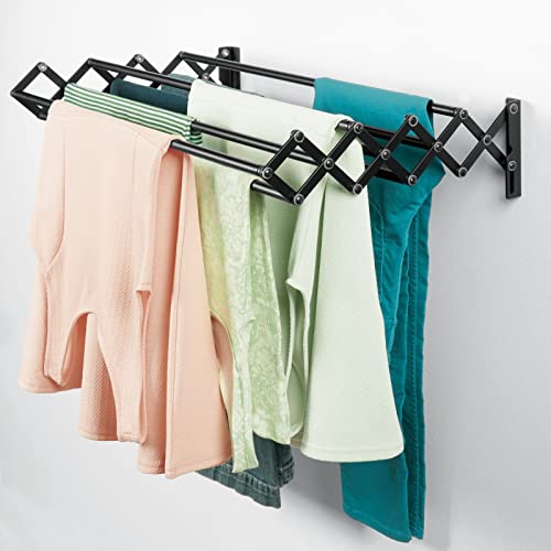 mDesign Steel Wall Mount Accordion Expandable Retractable Clothes Air Drying Rack - 8 Bars for Hanging Garments - Mounted Organizer for Laundry/Utility Room, Bathroom, Garage, Bardo Collection, Black
